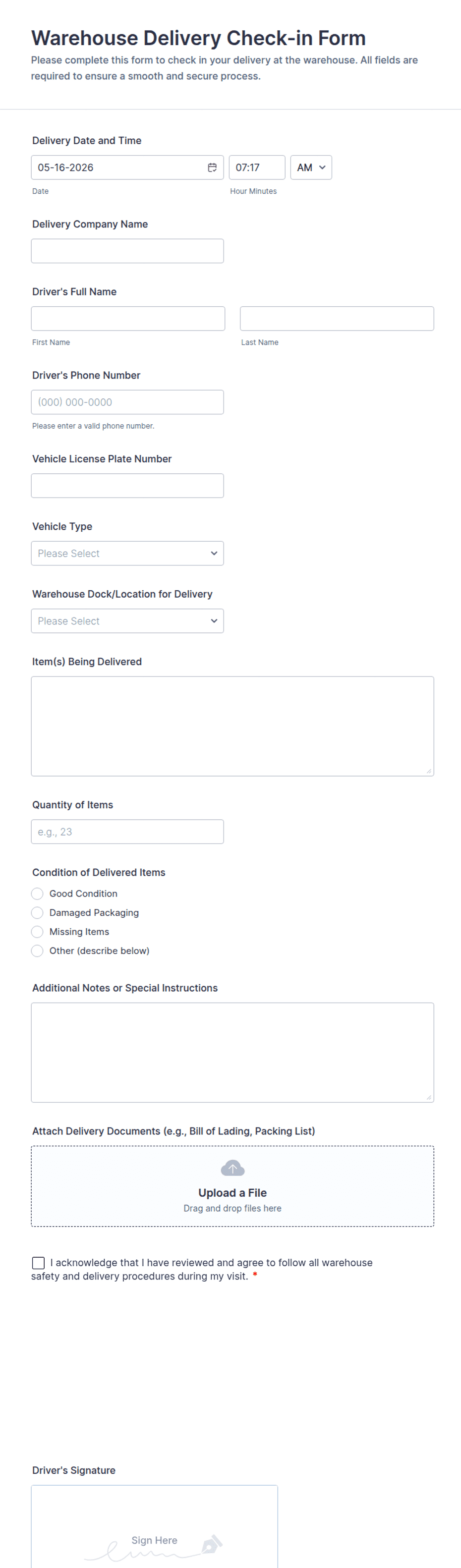Warehouse Delivery Check-in Form Template | Jotform