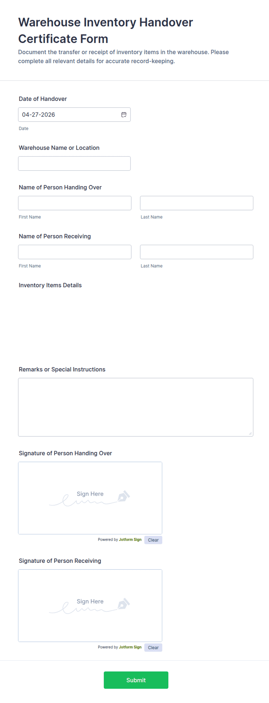 Warehouse Inventory Handover Certificate Form Template | Jotform