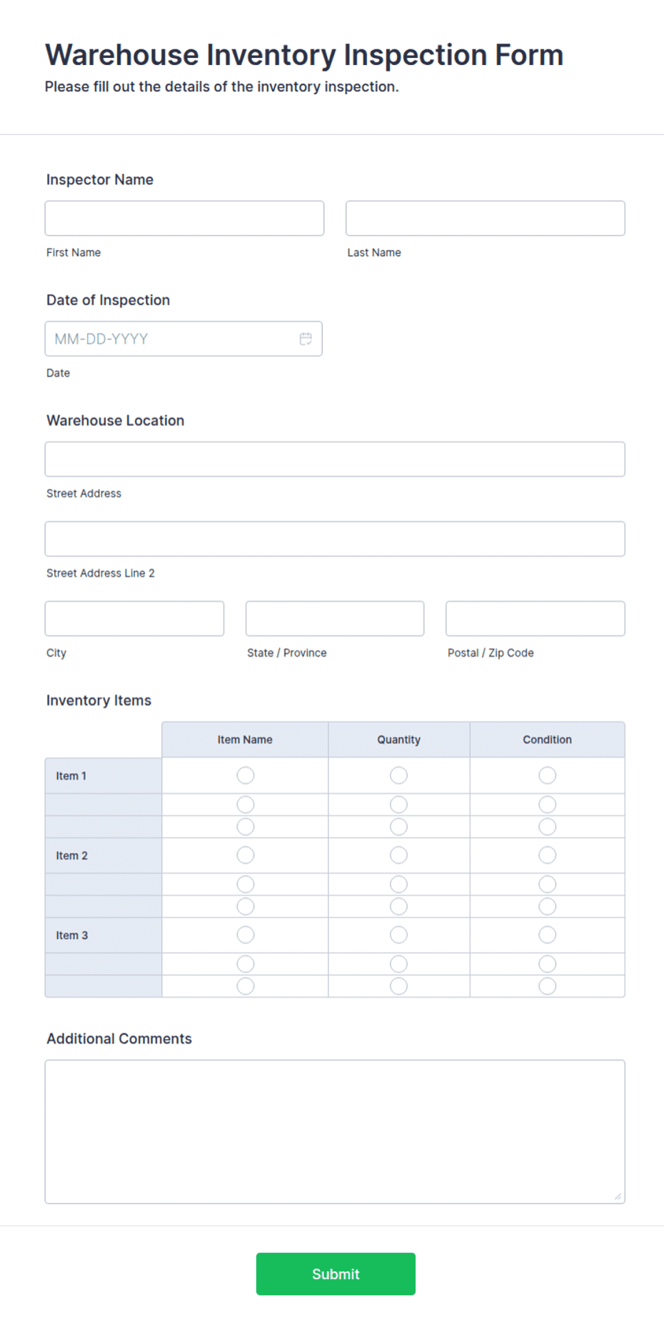 Warehouse Inventory Inspection Form Template | Jotform