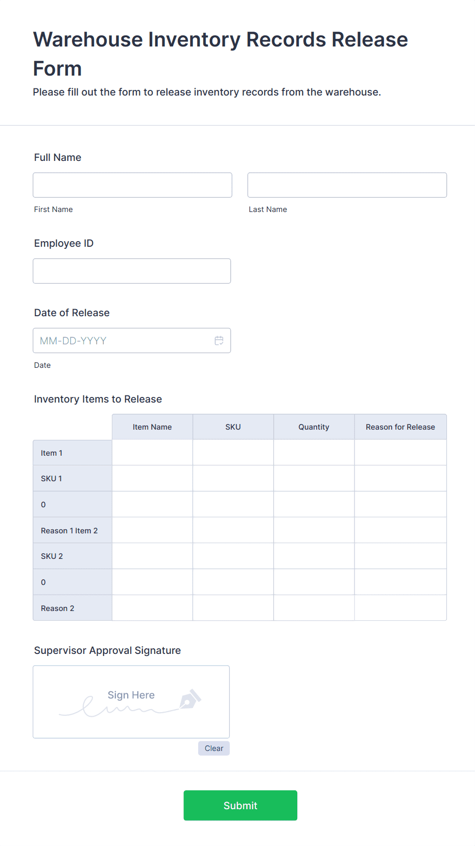 Warehouse Inventory Records Release Form Template | Jotform