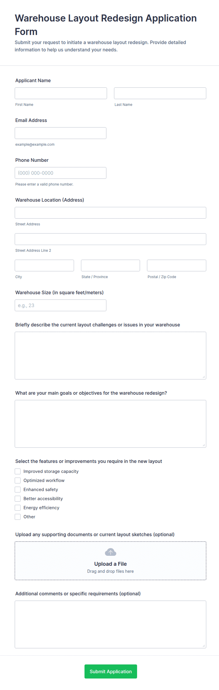 Warehouse Layout Redesign Application Form Template | Jotform