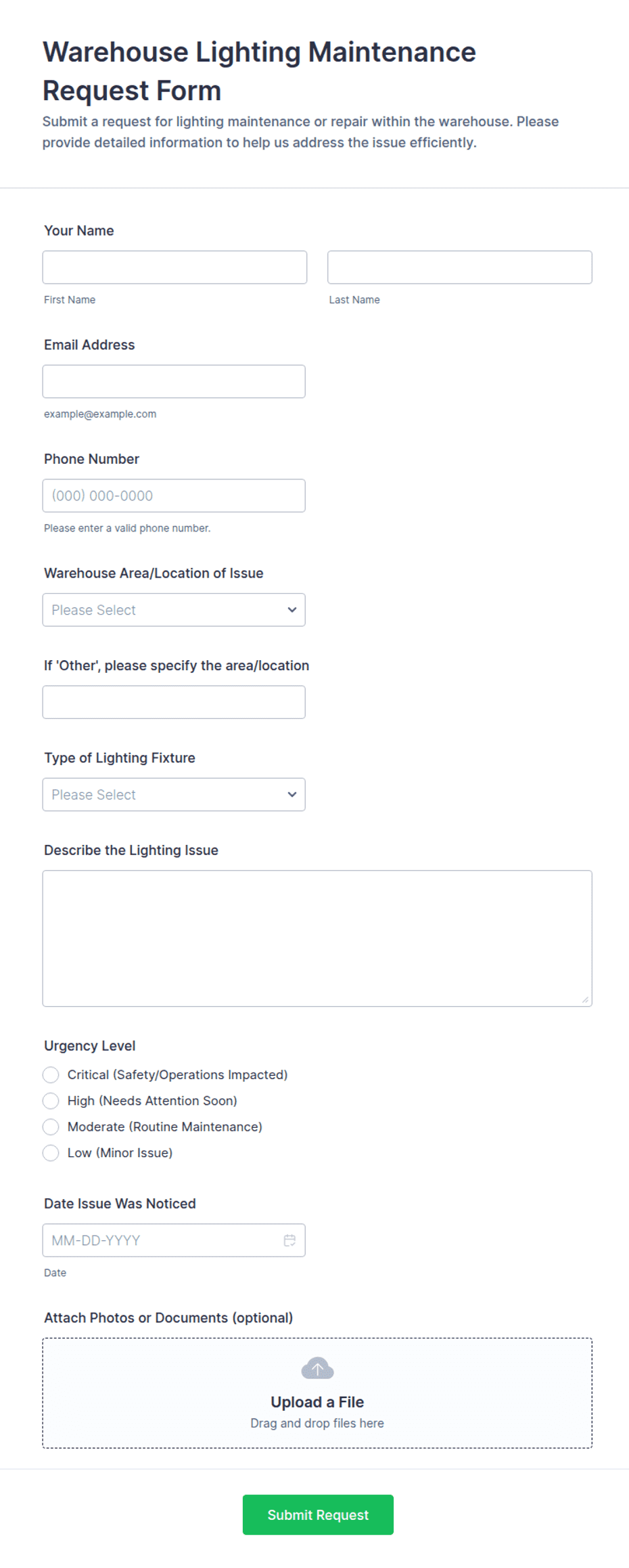 Warehouse Lighting Maintenance Request Form Template | Jotform