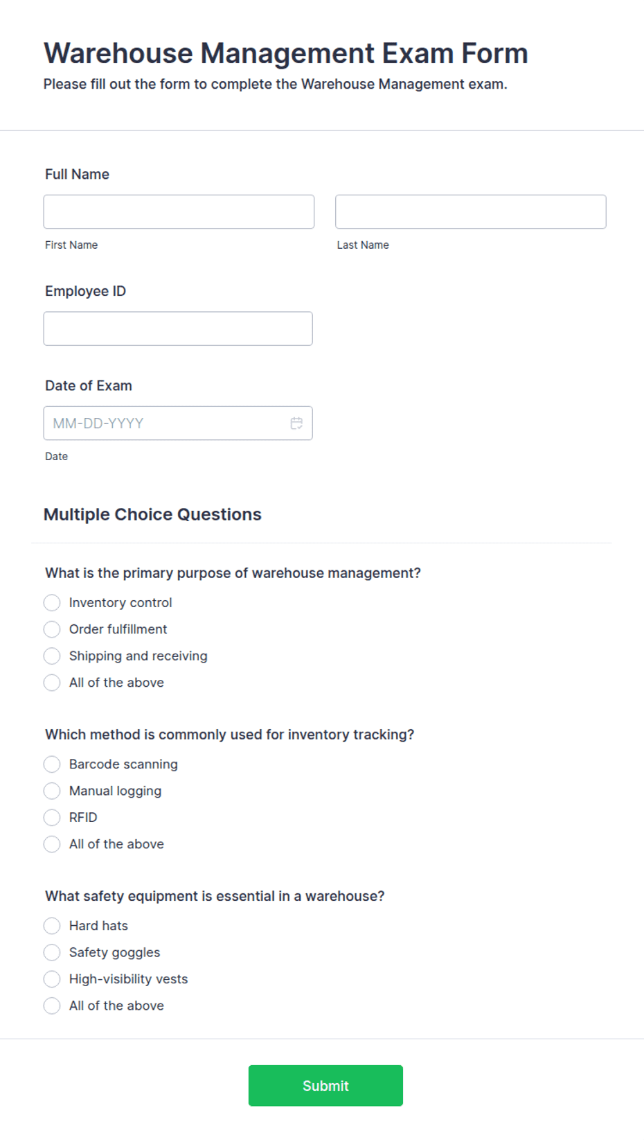 Warehouse Management Exam Form Template | Jotform
