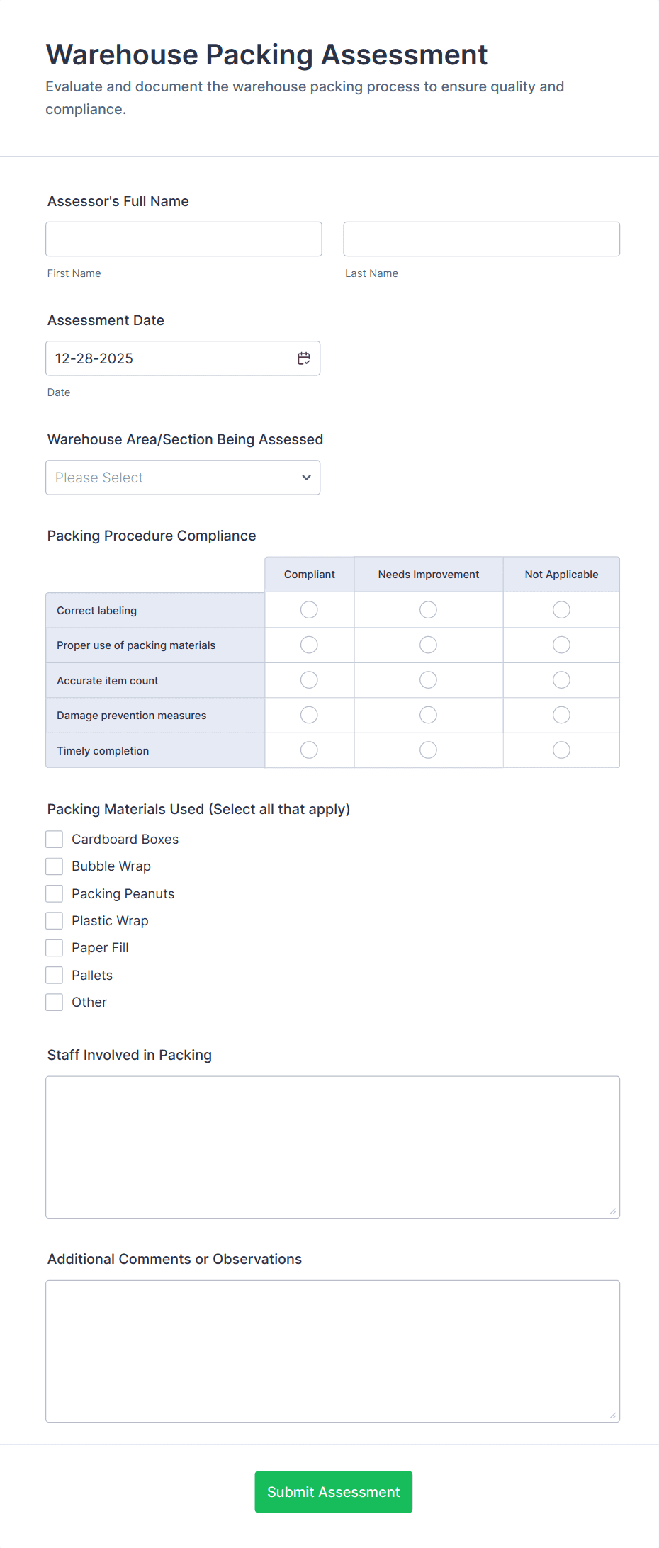Warehouse Packing Assessment Form Template | Jotform