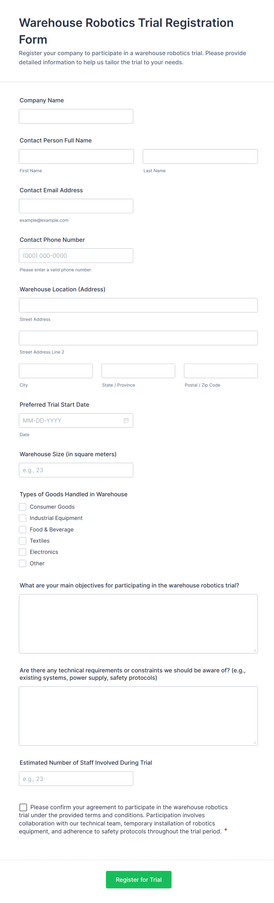 Warehouse Robotics Trial Registration Form Template | Jotform