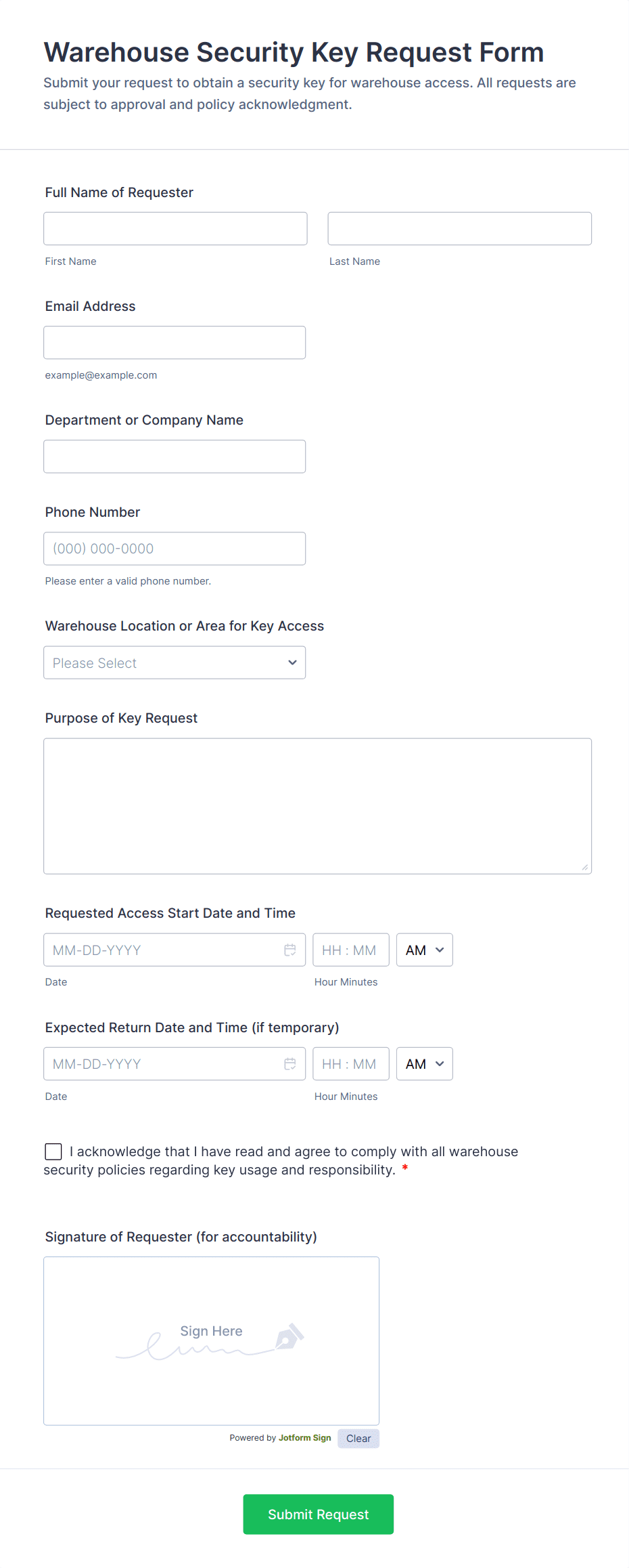 Warehouse Security Key Request Form Template | Jotform