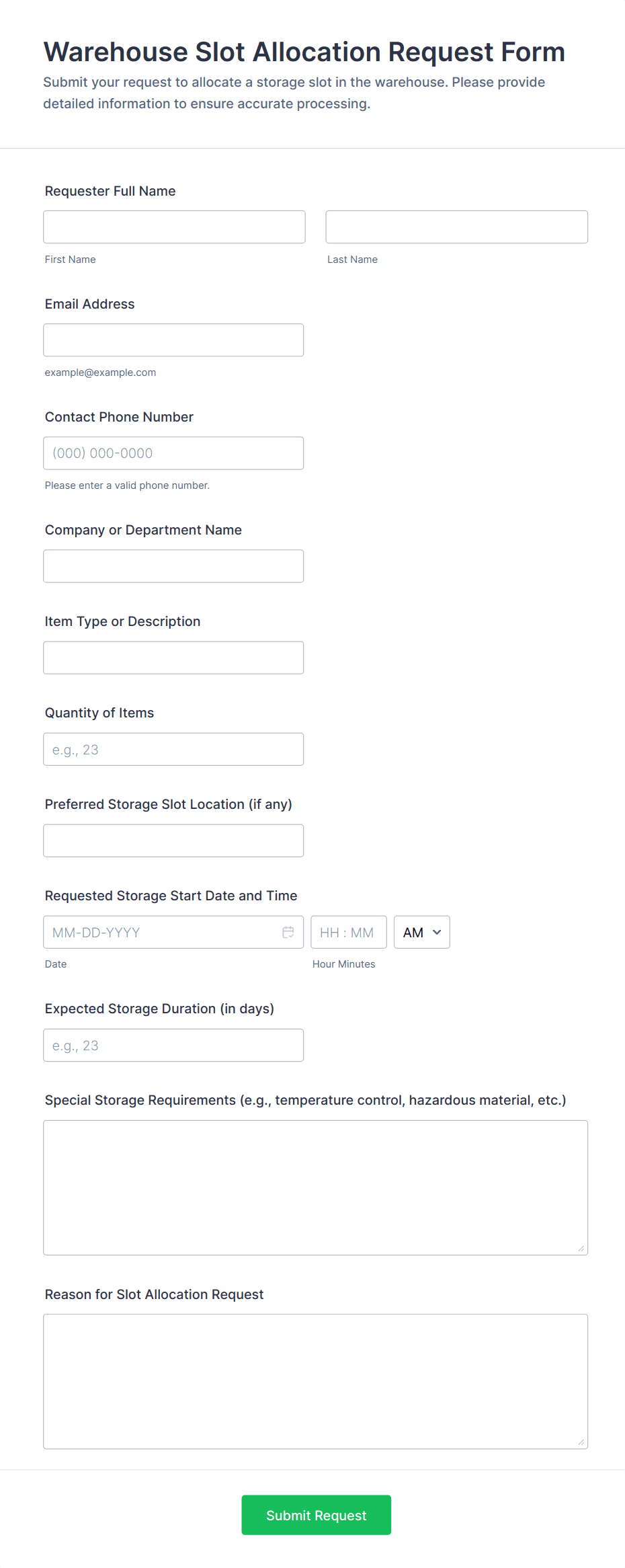 Warehouse Slot Allocation Request Form Template | Jotform