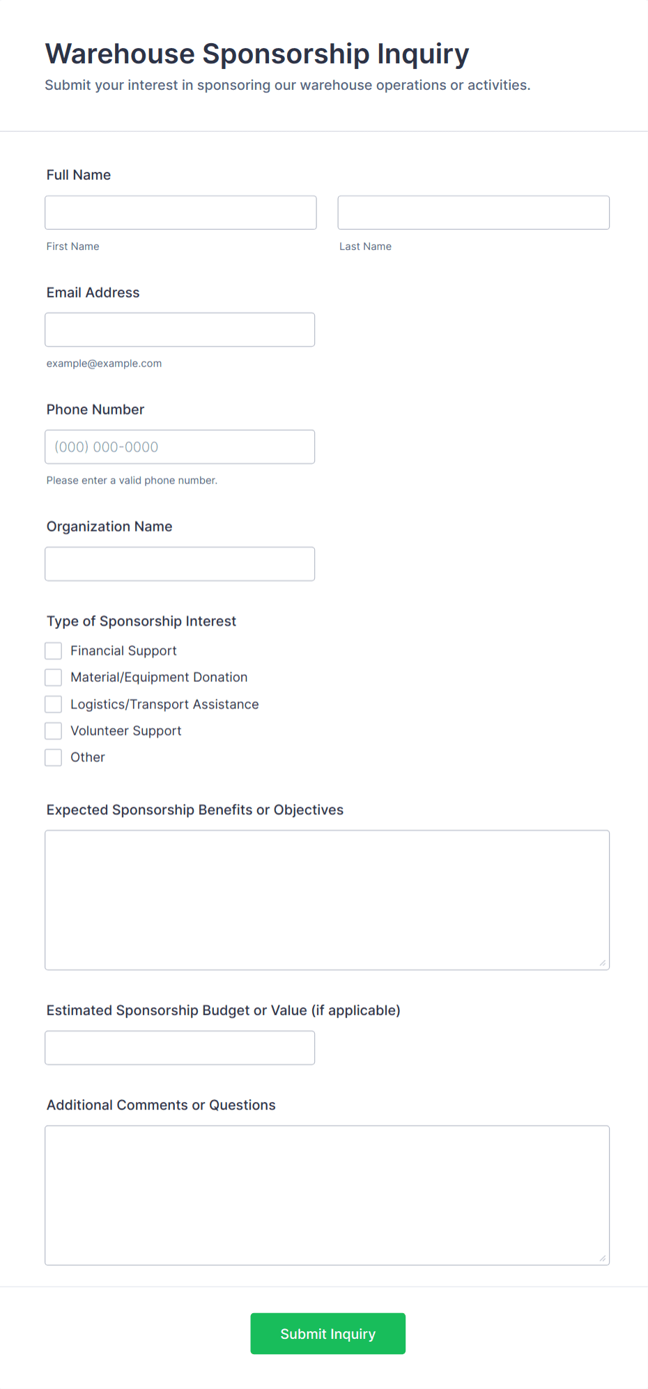 Warehouse Sponsorship Inquiry Form Template | Jotform