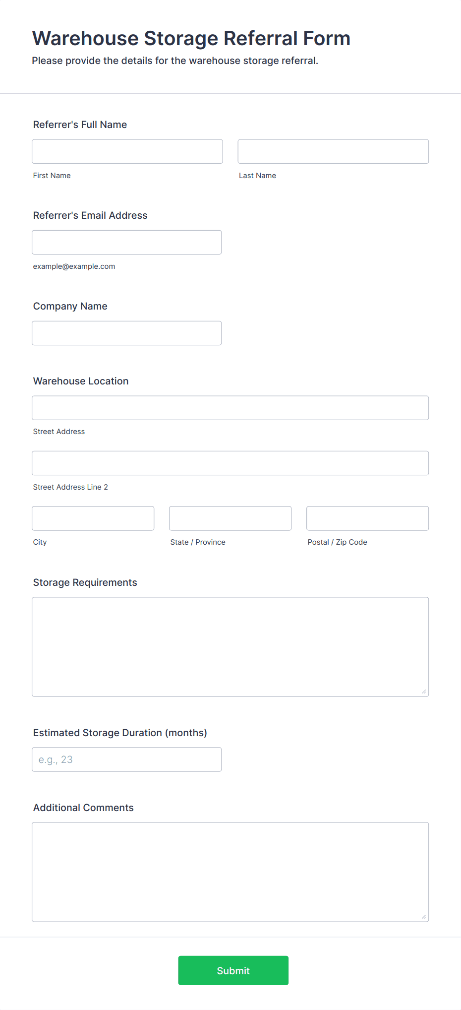 Warehouse Storage Referral Form Template | Jotform