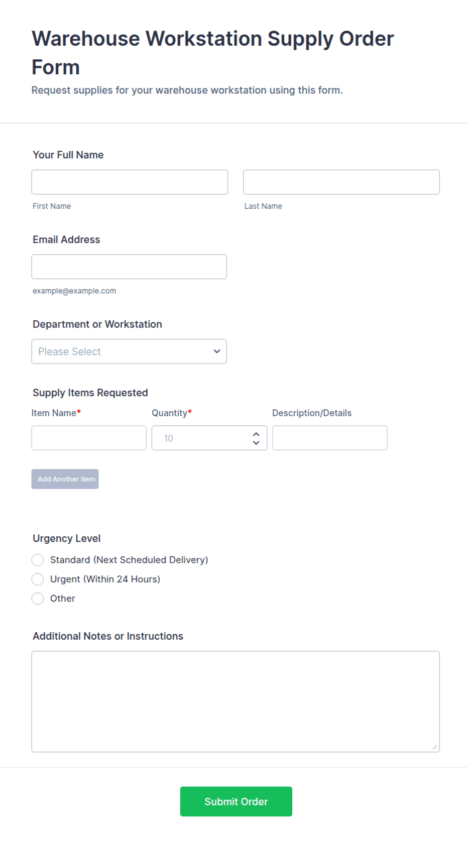 Warehouse Workstation Supply Order Form Template | Jotform