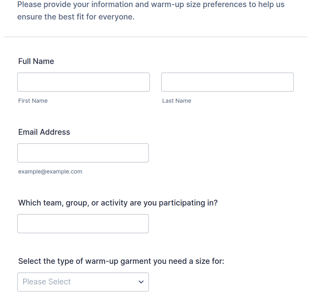 Warm-up Sizes Survey Form Template | Jotform