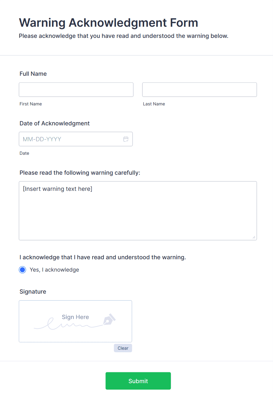Warning Acknowledgment Form Template | Jotform
