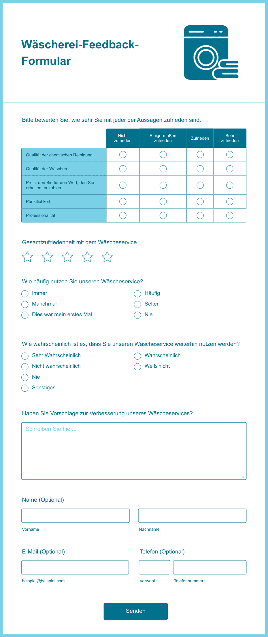 Wäscherei-Feedback-Formular Formularvorlage | Jotform