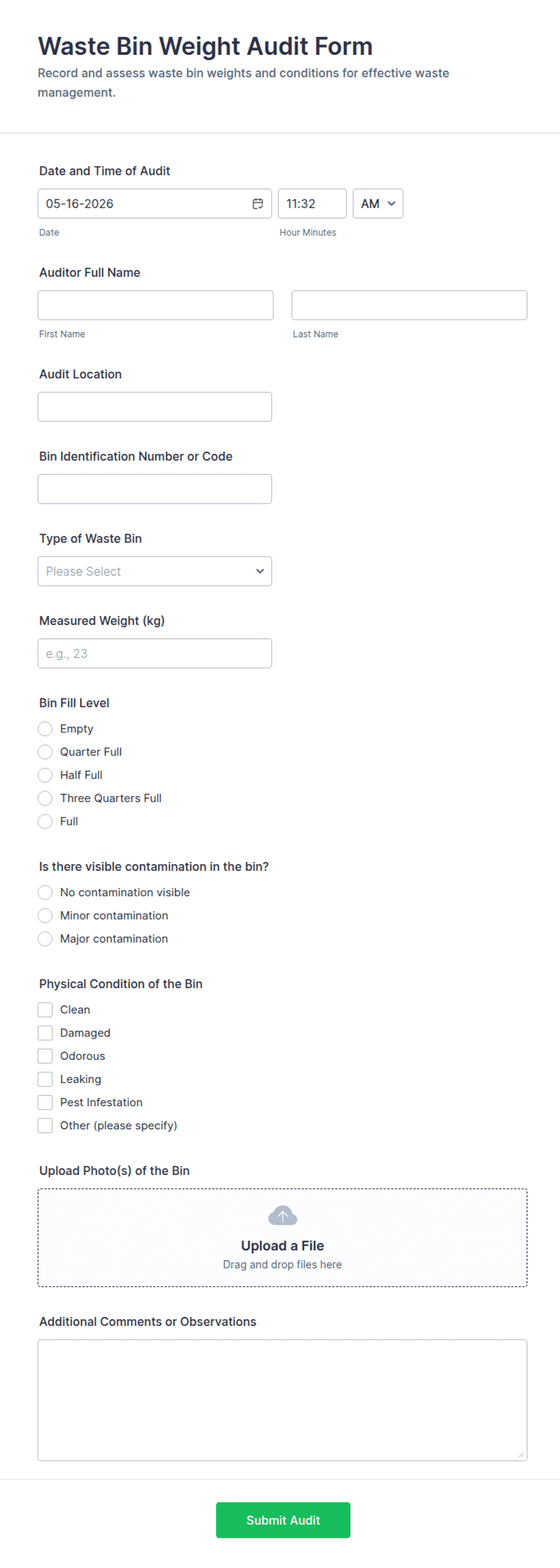 Waste Bin Weight Audit Form Template | Jotform