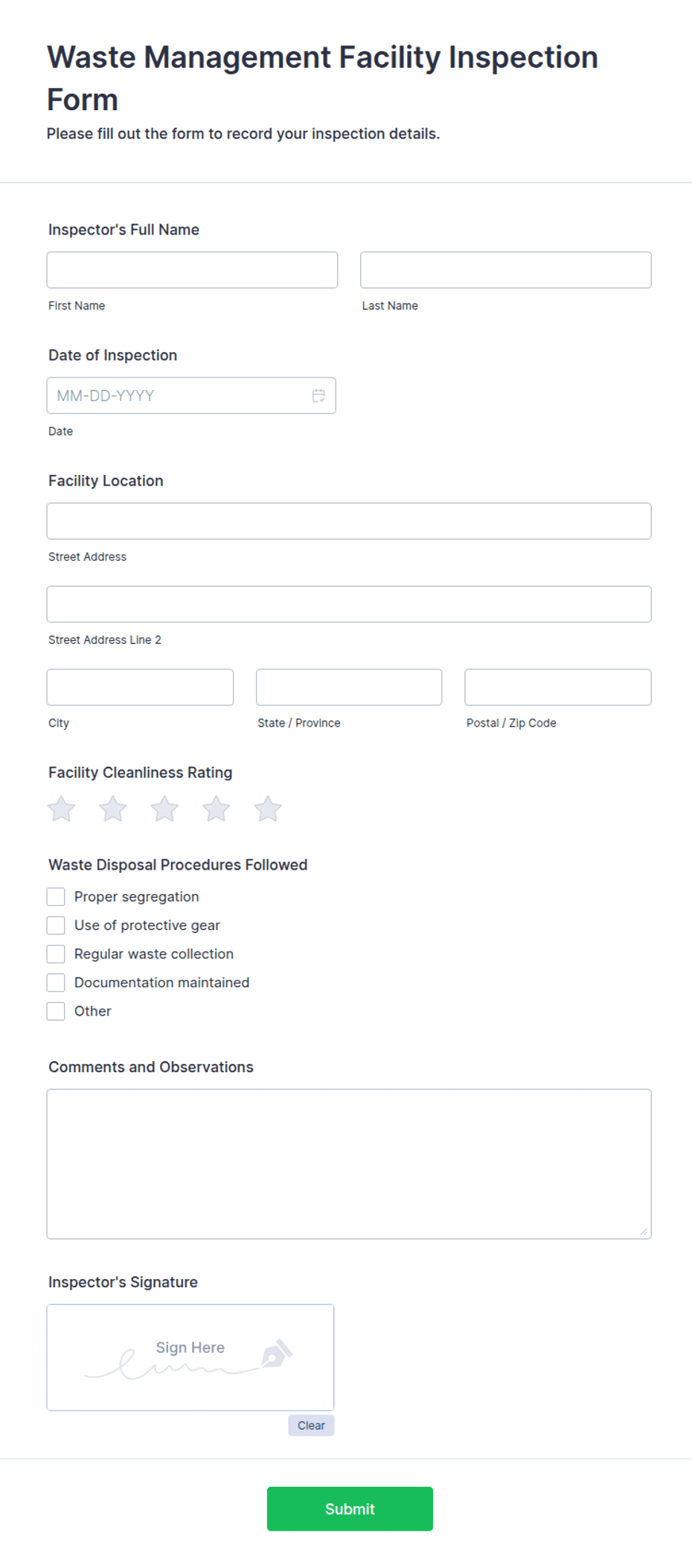 Waste Management Facility Inspection Form Template | Jotform