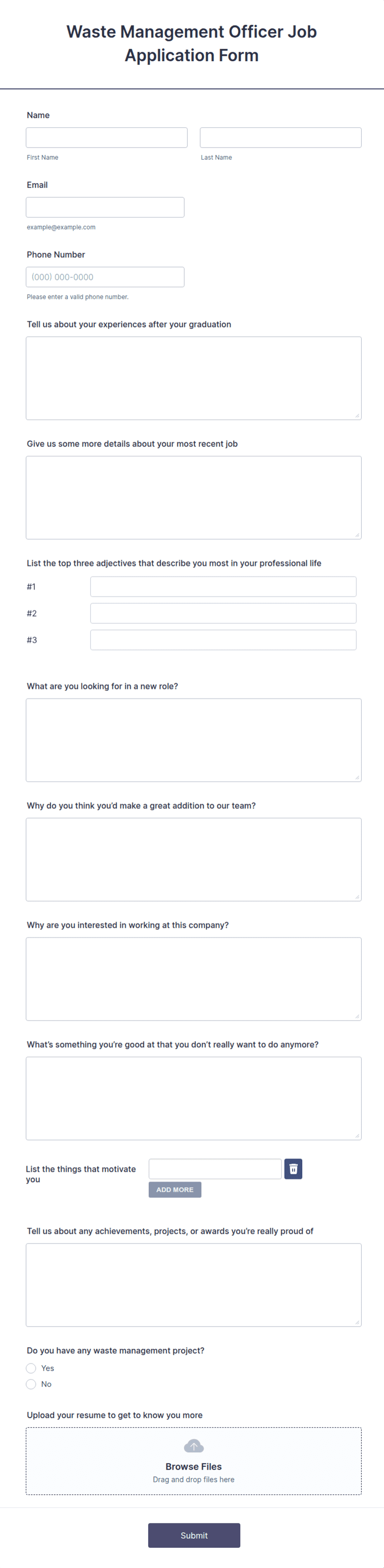 Waste Management Officer Job Application Form Template | Jotform