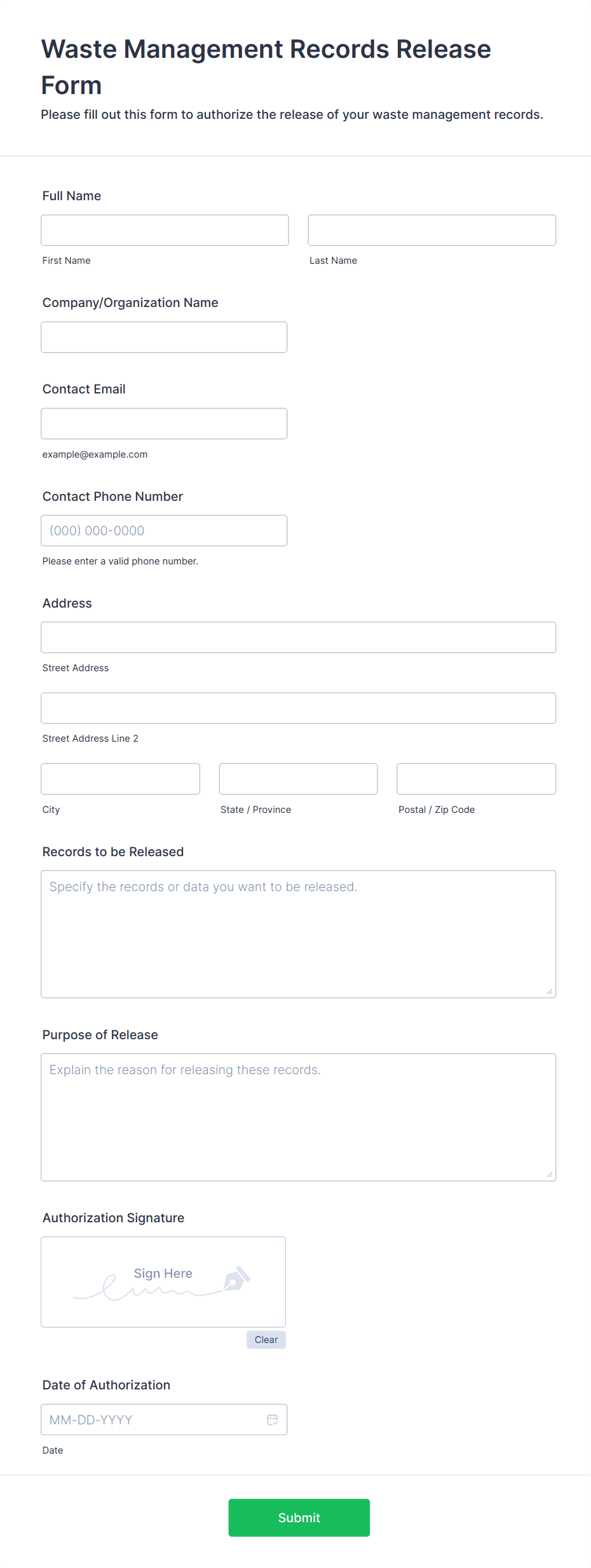 Waste Management Records Release Form Template | Jotform