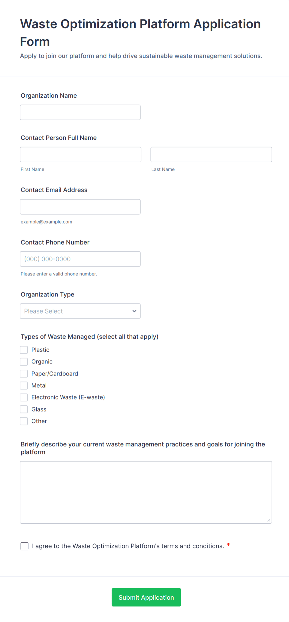 Waste Optimization Platform Application Form Template | Jotform