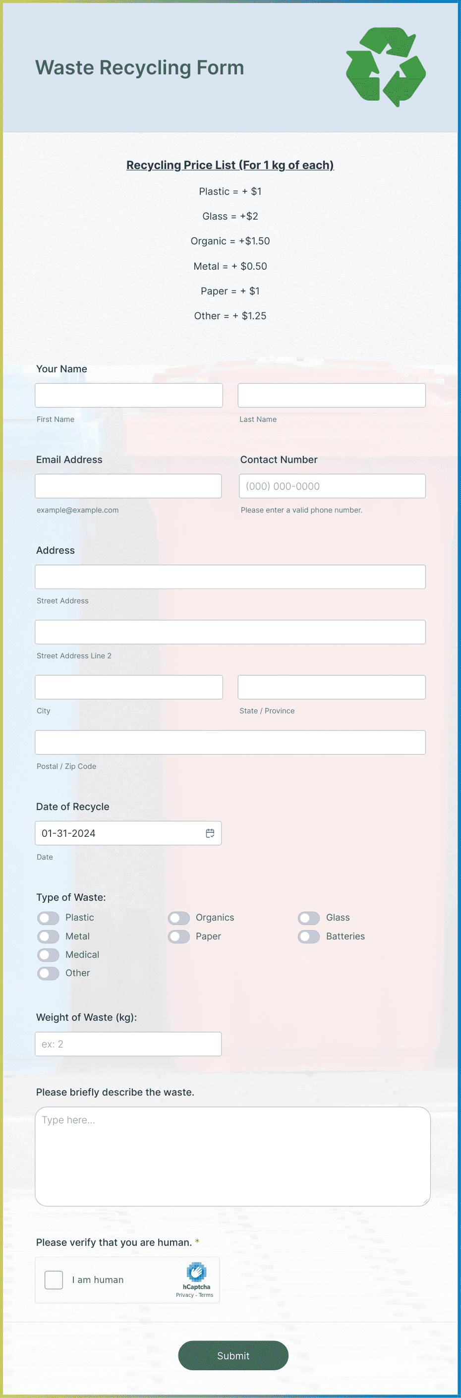 Waste Recycling Form Template | Jotform