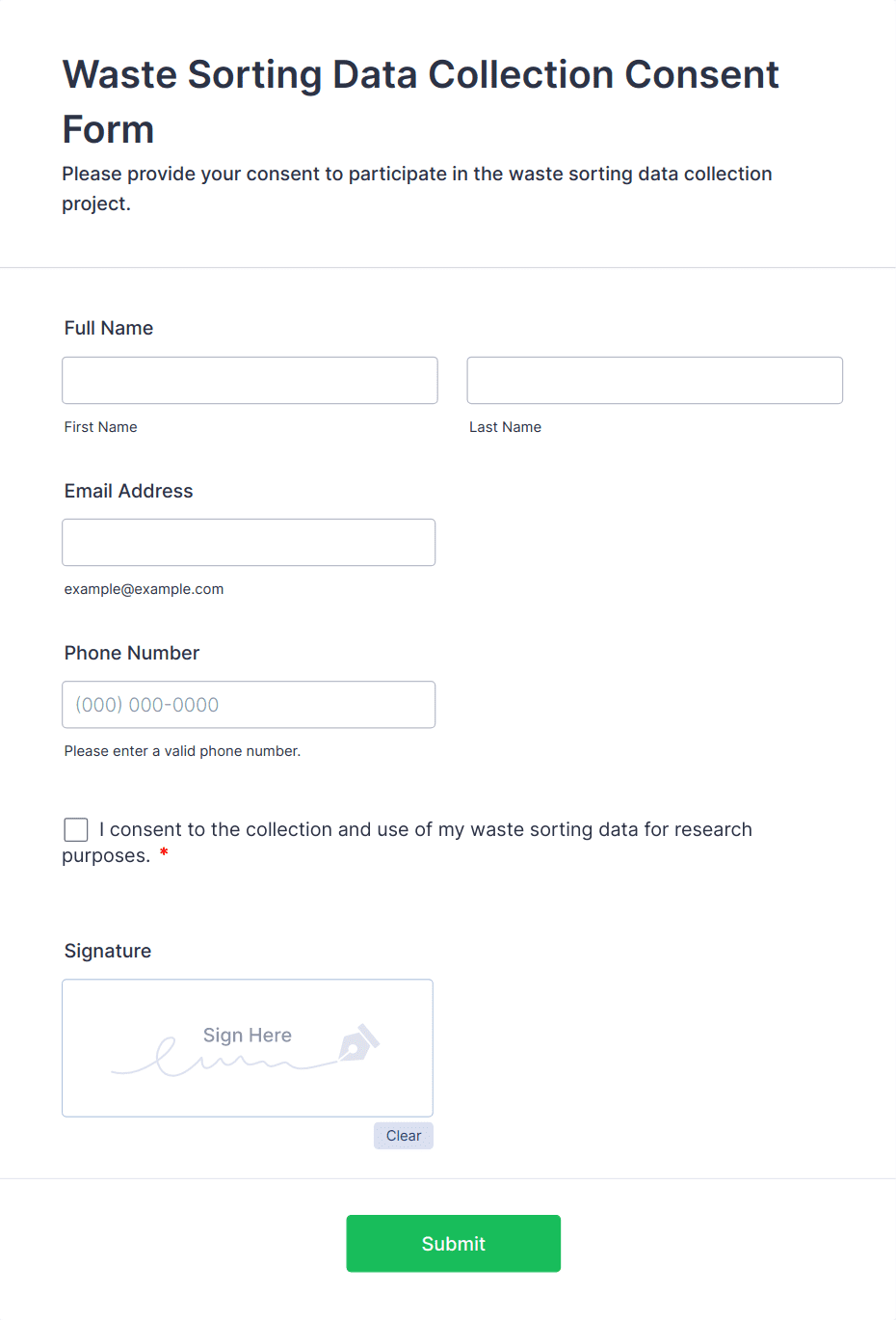 Waste Sorting Data Collection Consent Form Template | Jotform
