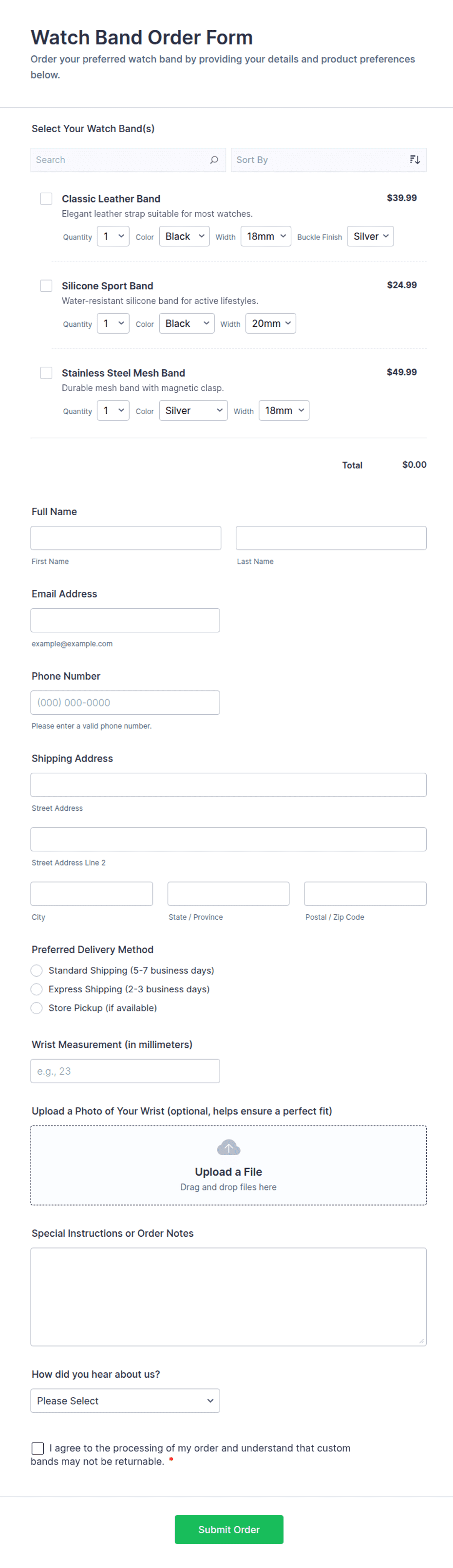 Watch Band Order Form Template | Jotform