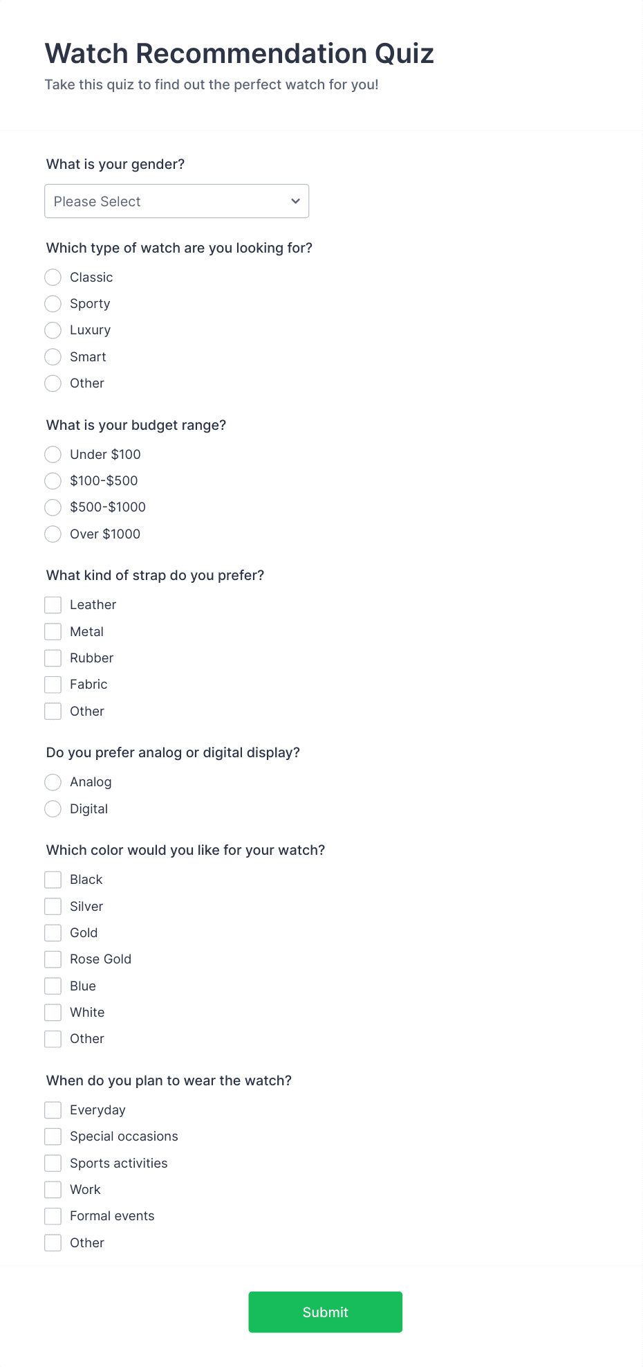 Watch Recommendation Quiz Form Template | Jotform