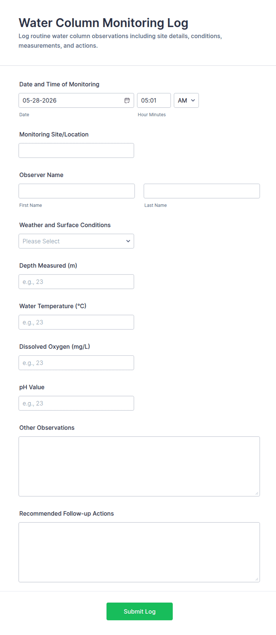 Water Column Monitoring Log Form Template | Jotform