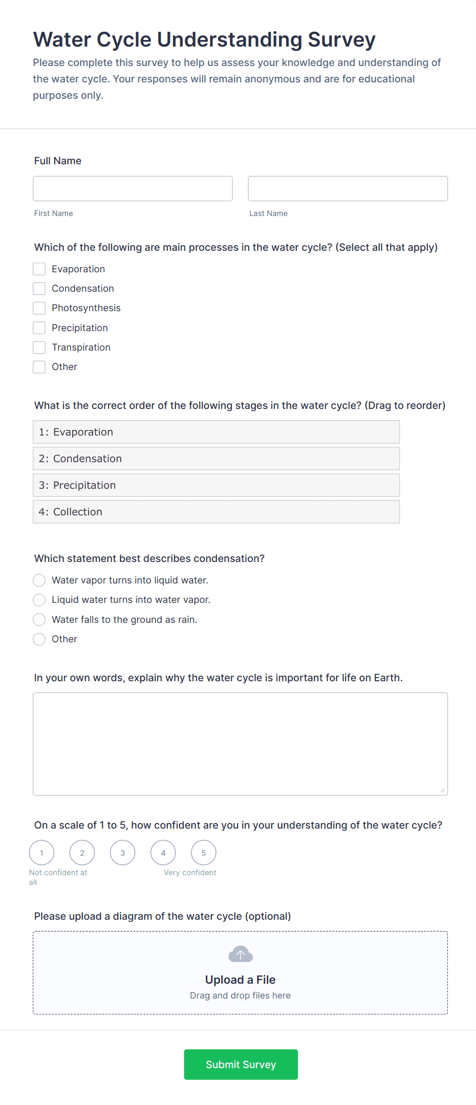 Water Cycle Understanding Survey Form Template | Jotform
