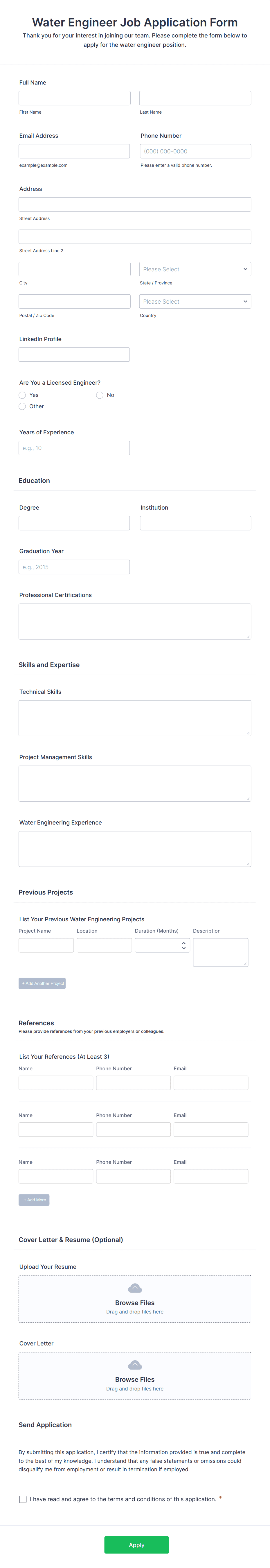 Water Engineer Job Application Form Template | Jotform