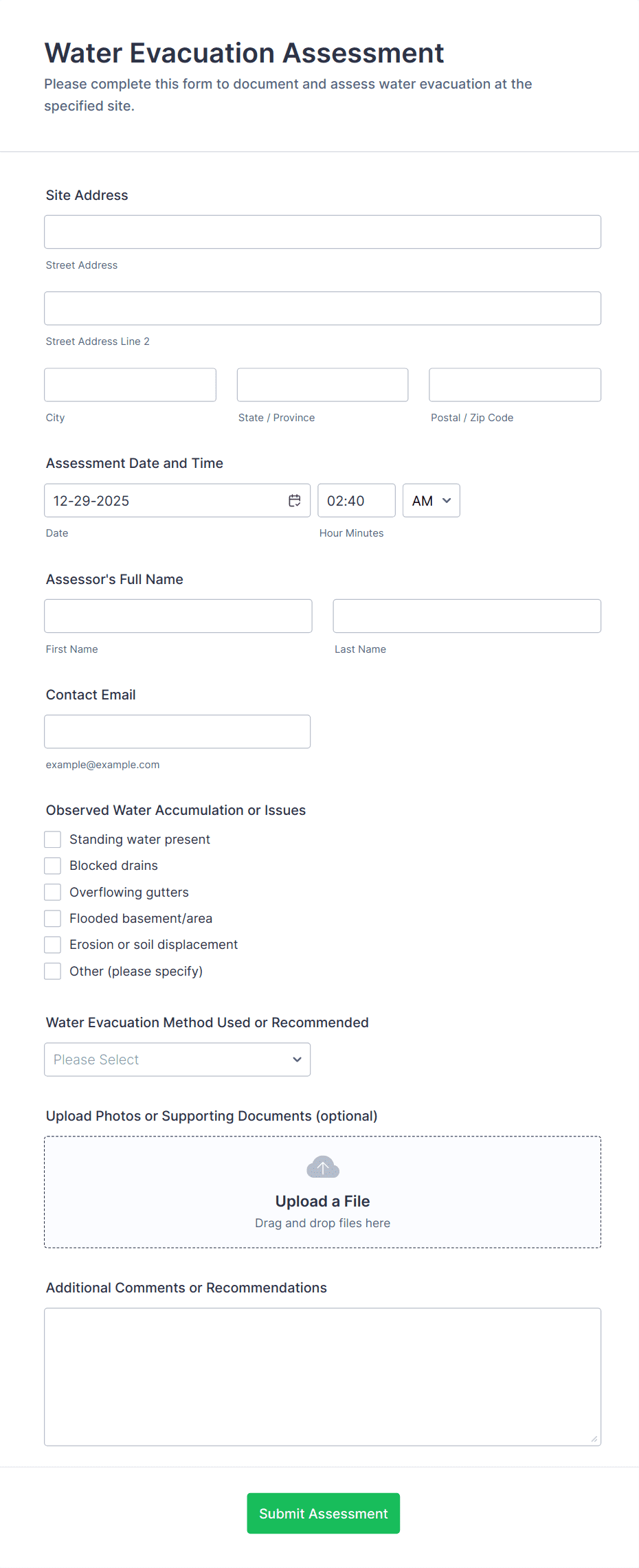 Water Evacuation Assessment Form Template | Jotform