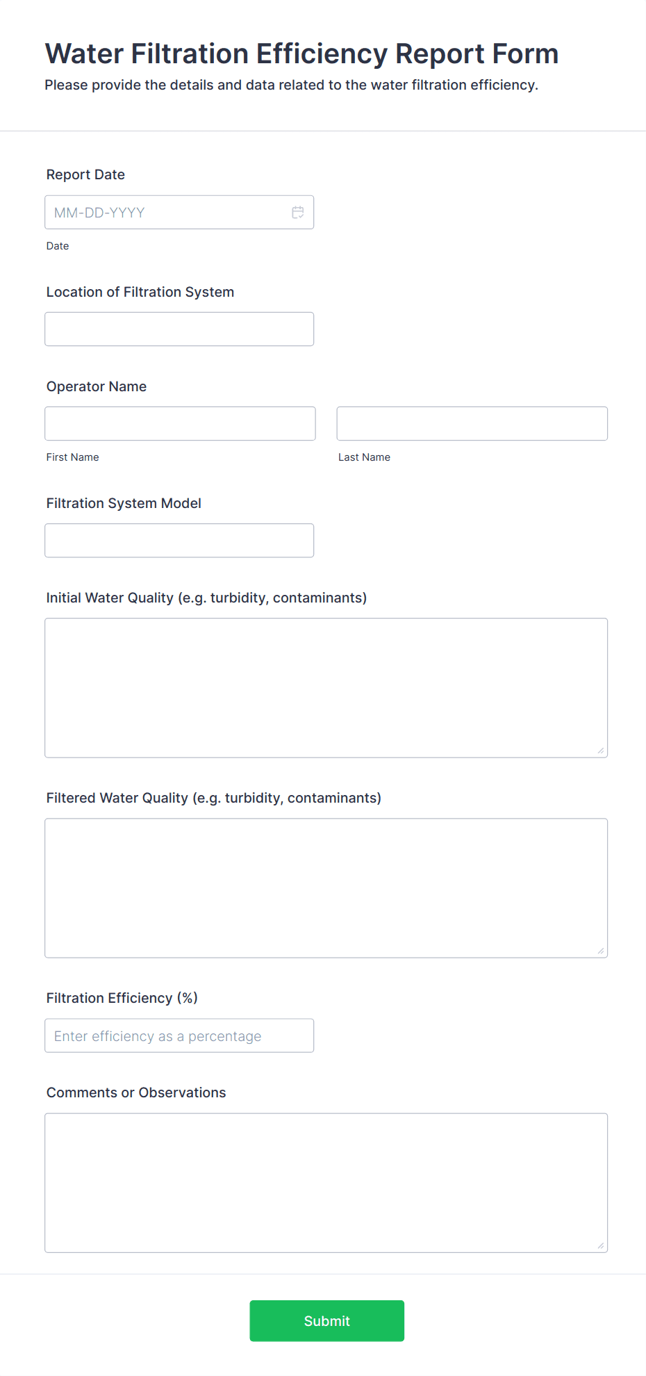 Water Filtration Efficiency Report Form Template | Jotform