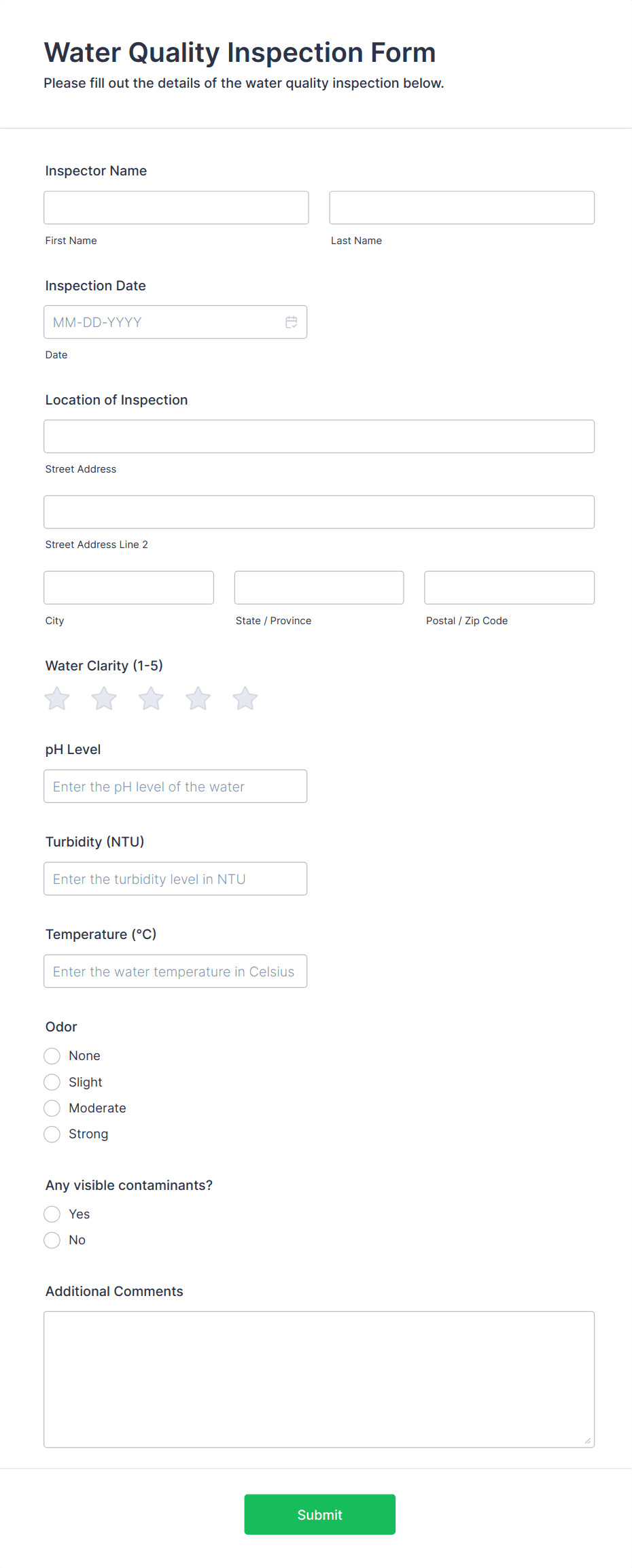 Water Quality Inspection Form Template | Jotform