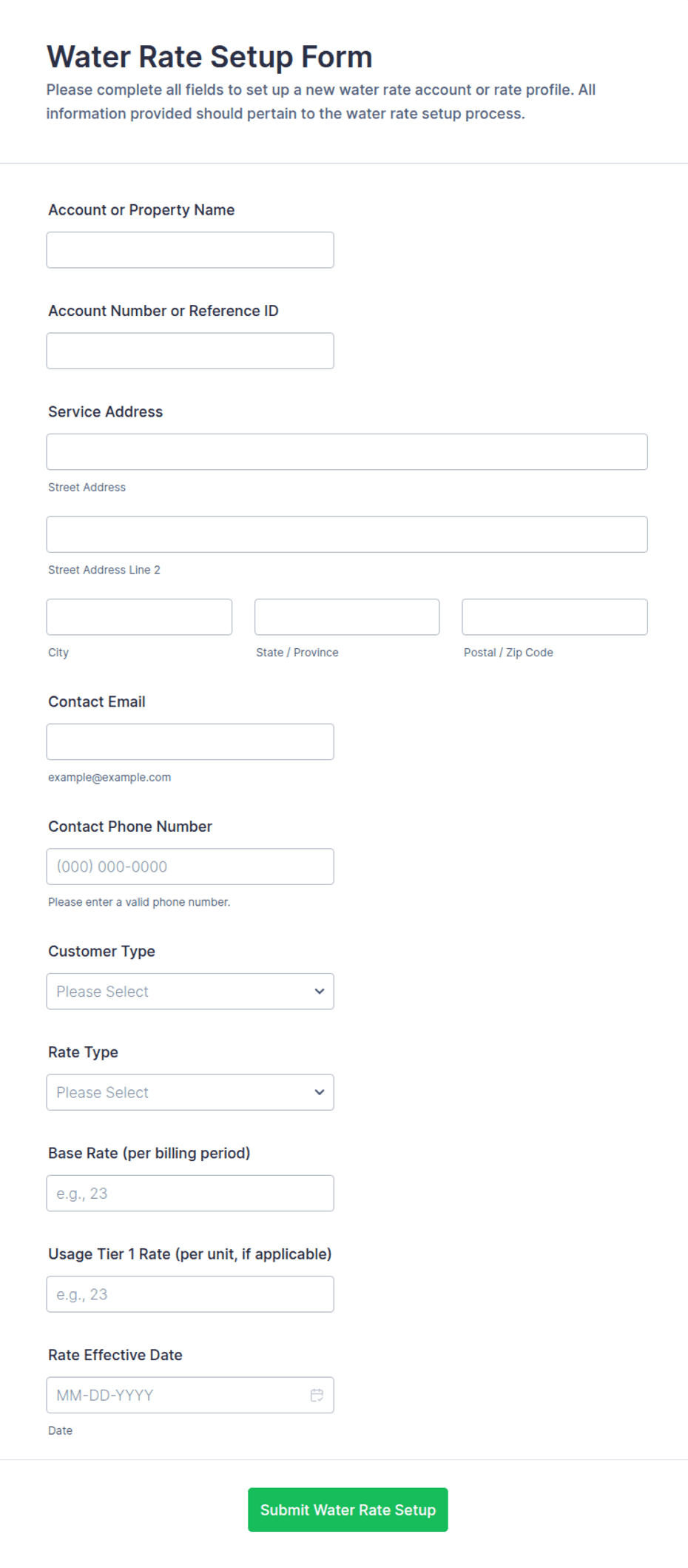 Water Rate Setup Form Template | Jotform