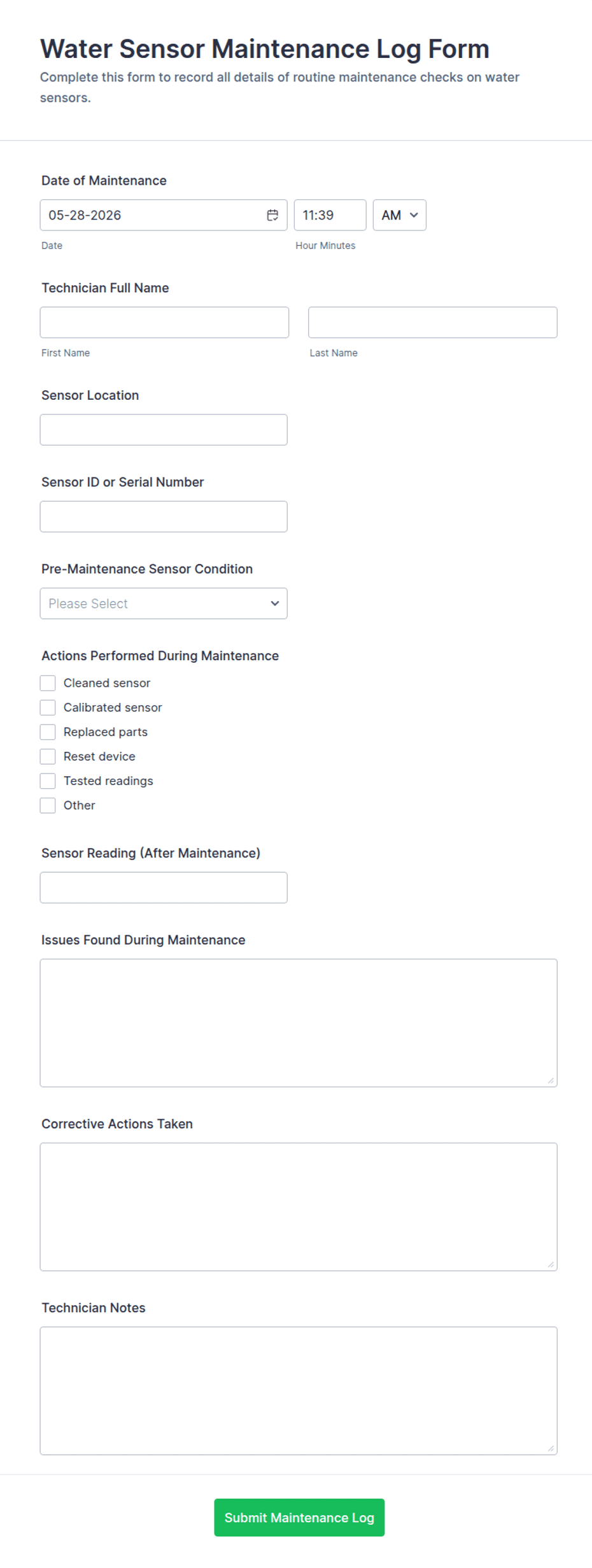 Water Sensor Maintenance Log Form Template | Jotform