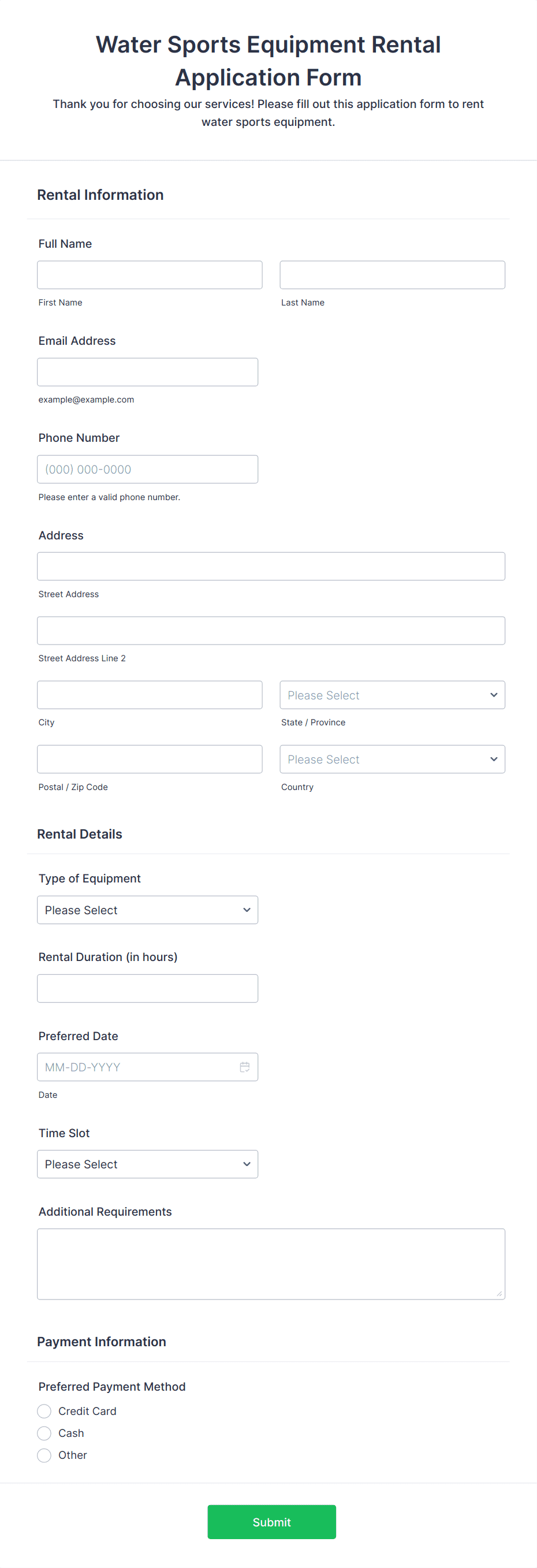 Water Sports Equipment Rental Application Form Template | Jotform