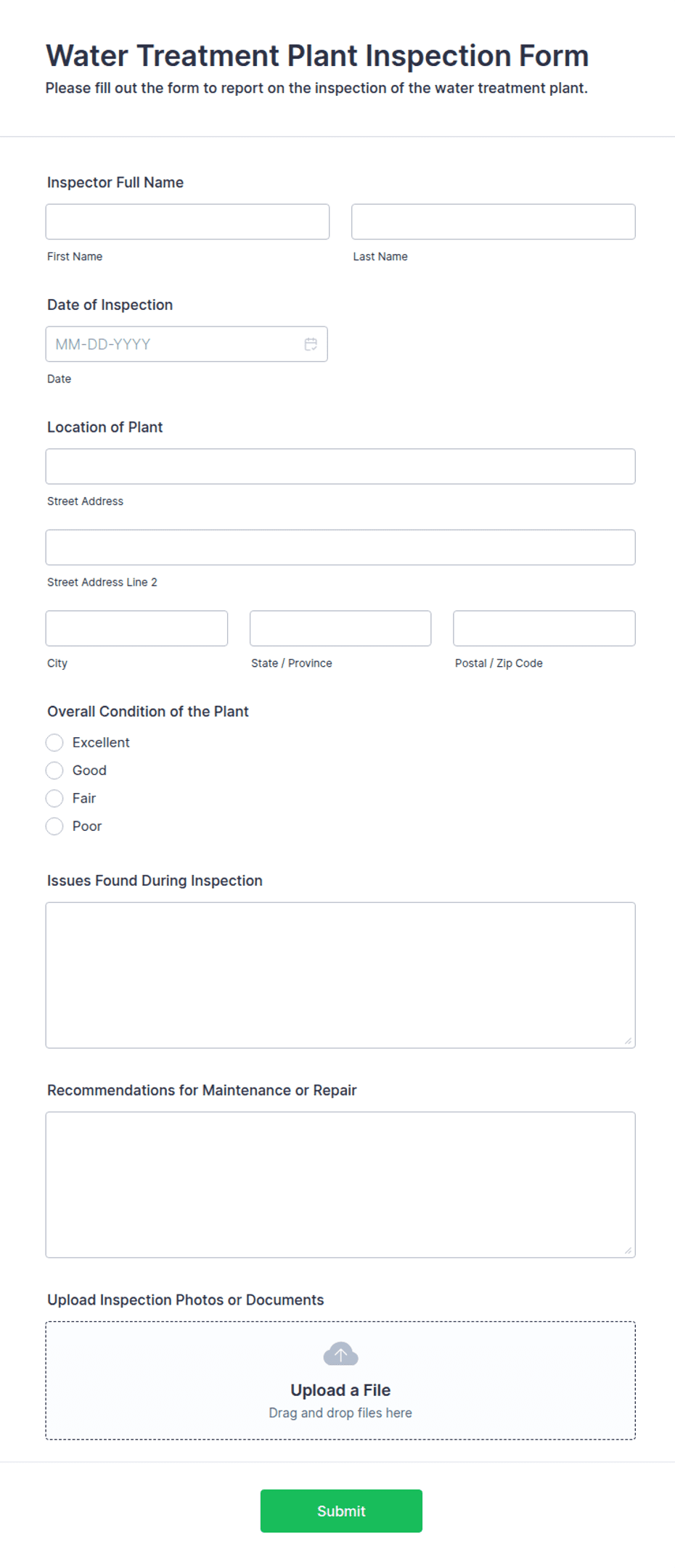 Water Treatment Plant Inspection Form Template | Jotform