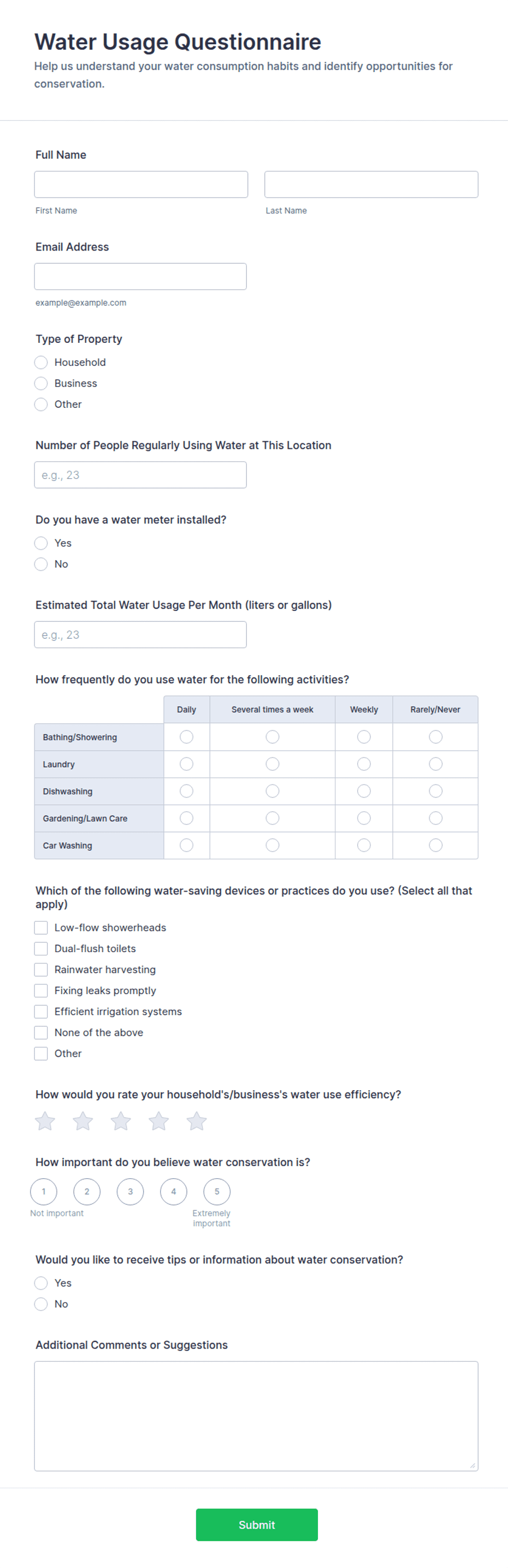 Water Usage Questionnaire Form Template | Jotform