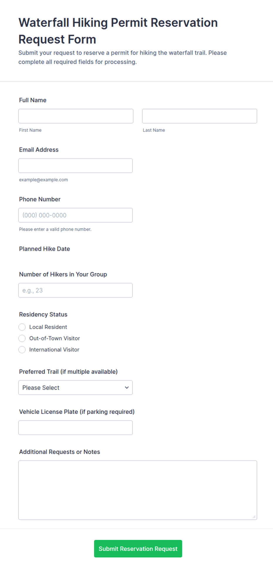 Waterfall Hiking Permit Reservation Request Form Template | Jotform