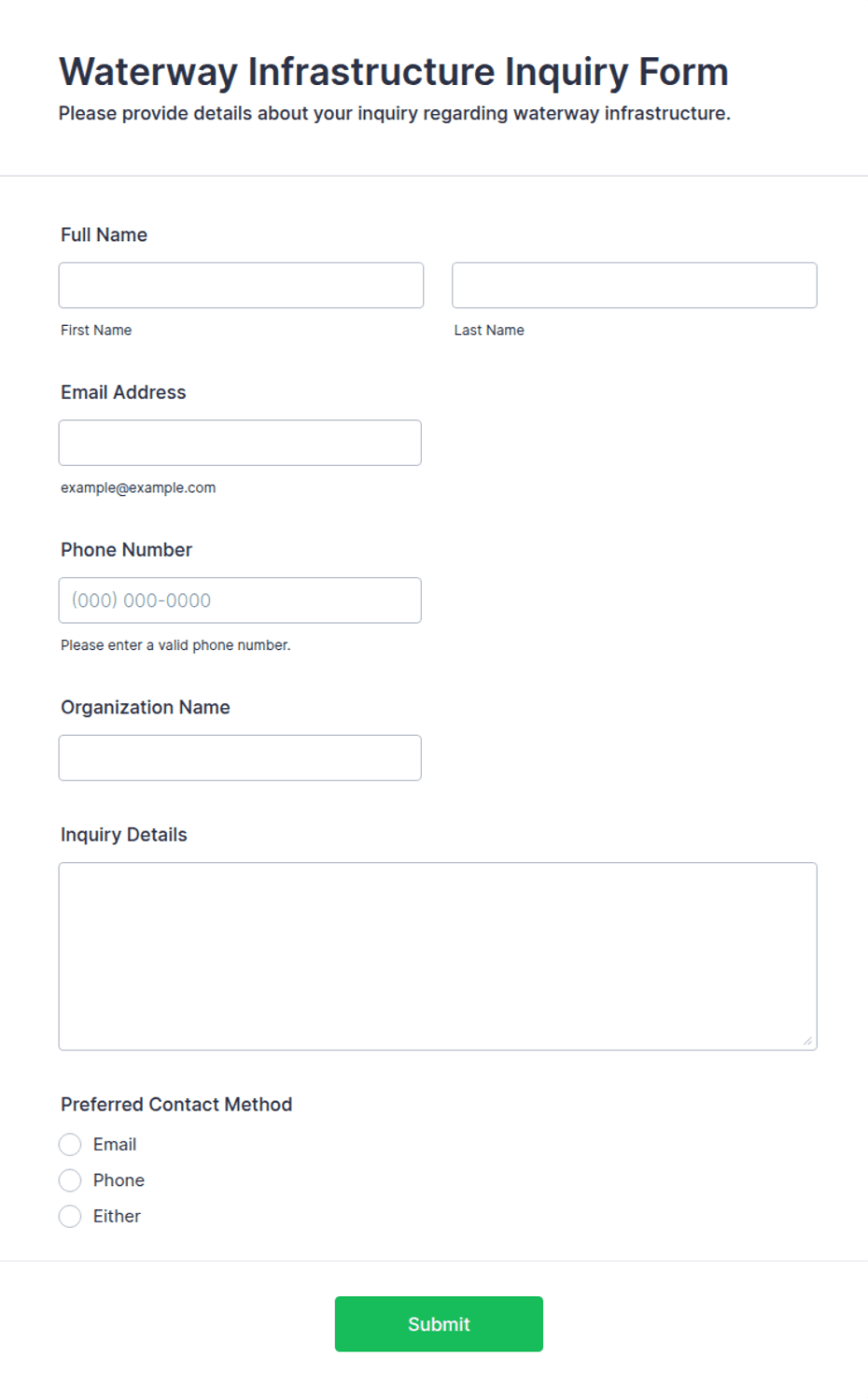 Waterway Infrastructure Inquiry Form Template | Jotform