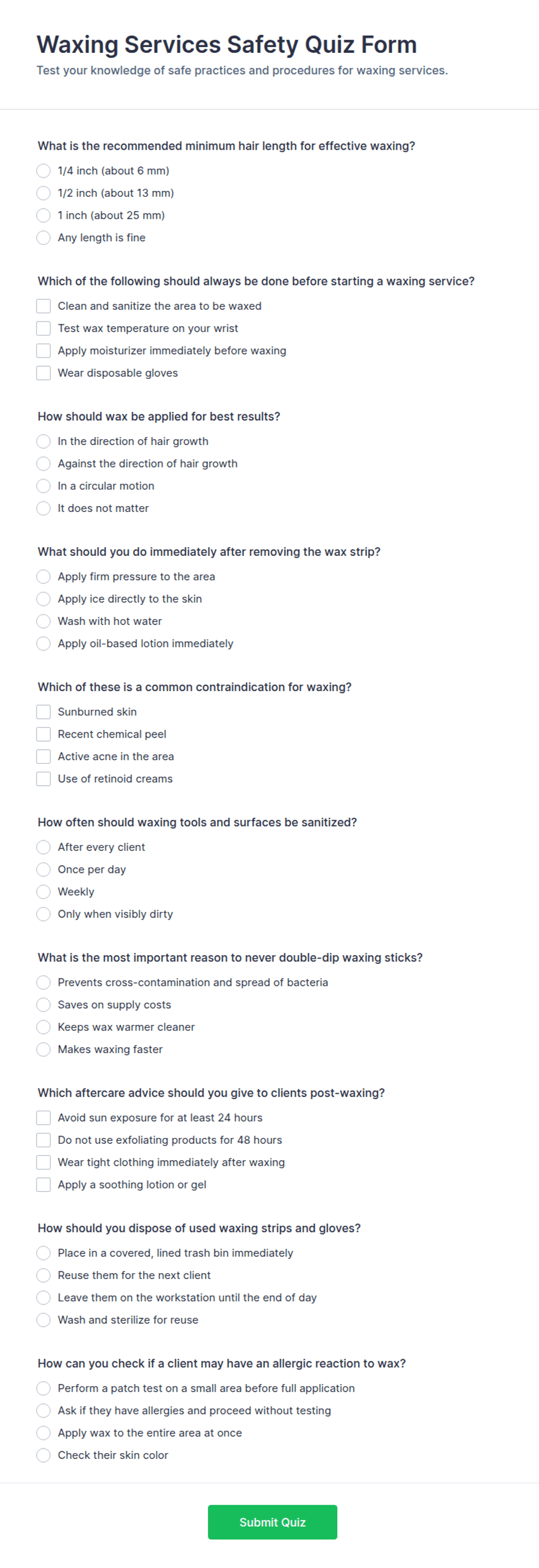 Waxing Services Safety Quiz Form Template | Jotform