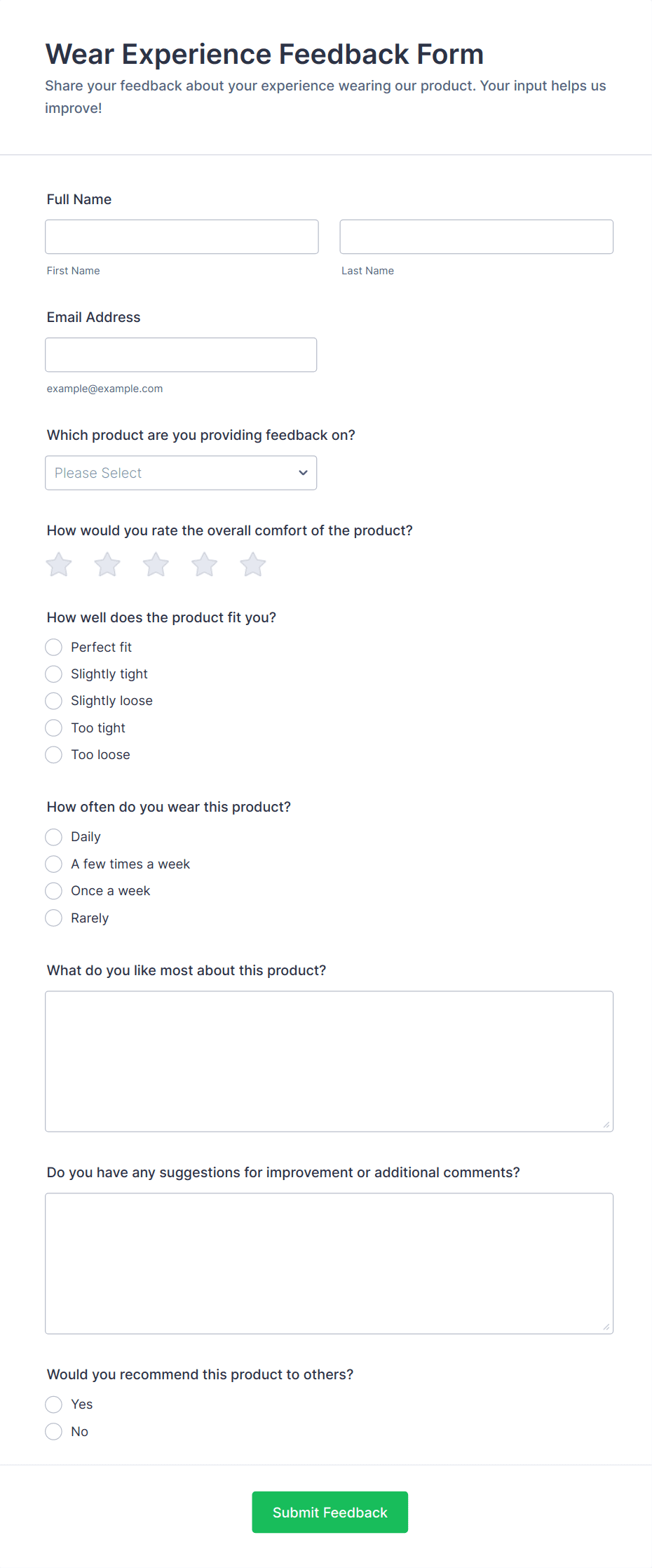 Wear Experience Feedback Form Template | Jotform