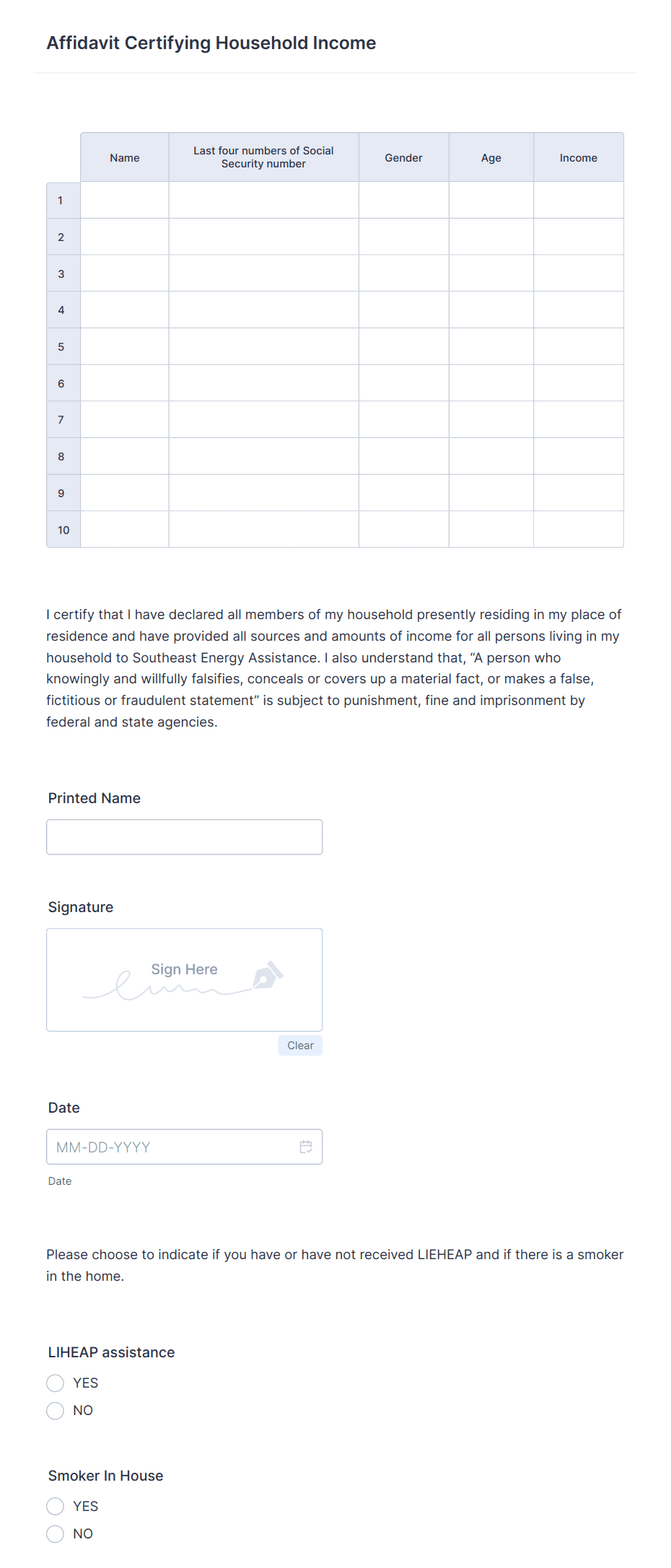 Weatherization-Certification-of-Household-Income Form Template | Jotform