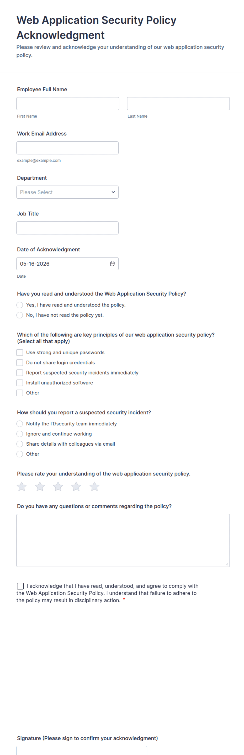 Web Application Security Policy Acknowledgment Form Template | Jotform