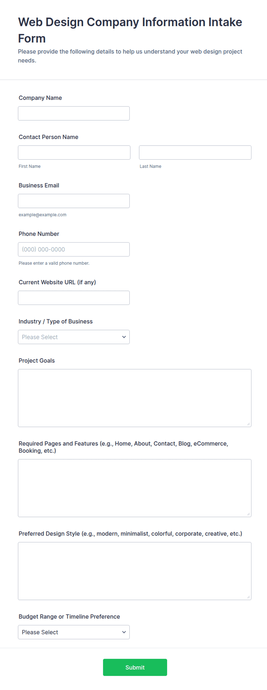 Web Design Company Information Intake Form Template | Jotform
