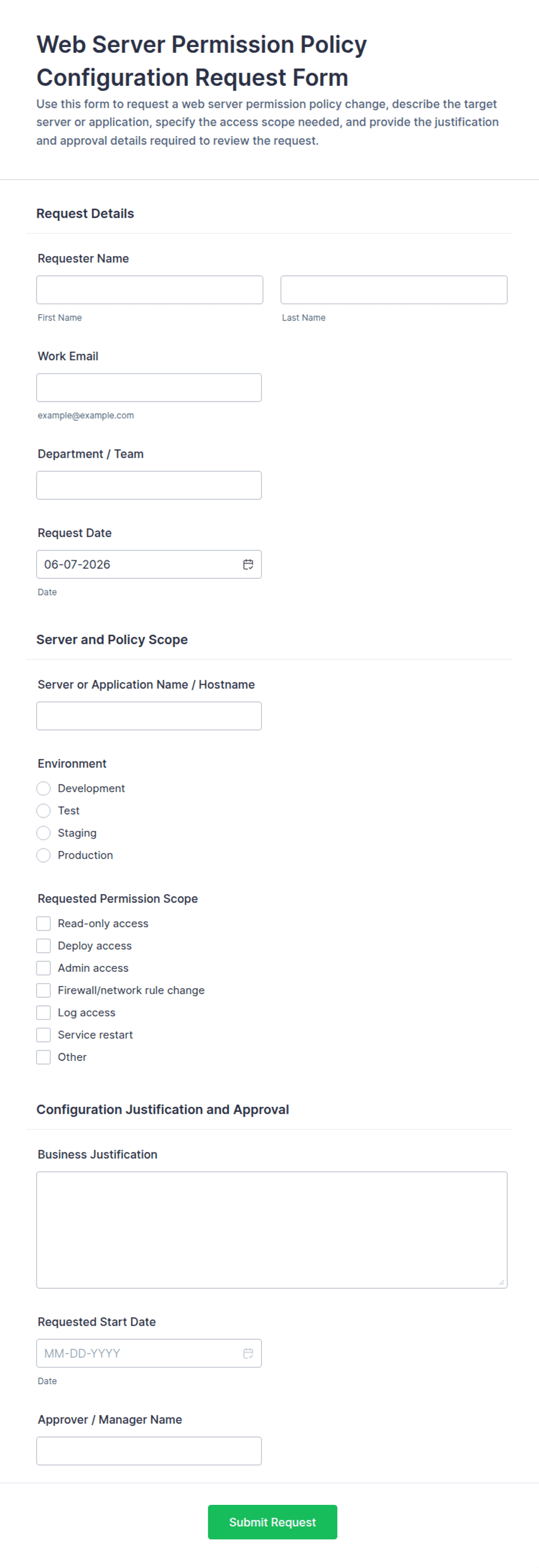 Web Server Permission Policy Configuration Request Form Template | Jotform