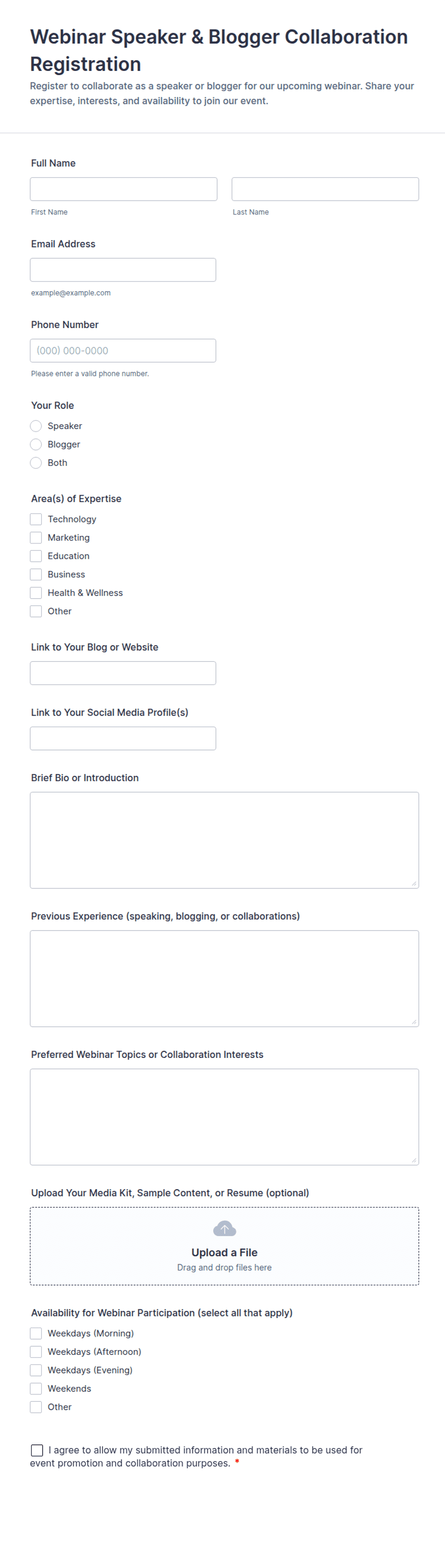 Webinar Speaker & Blogger Collaboration Registration Form Template ...