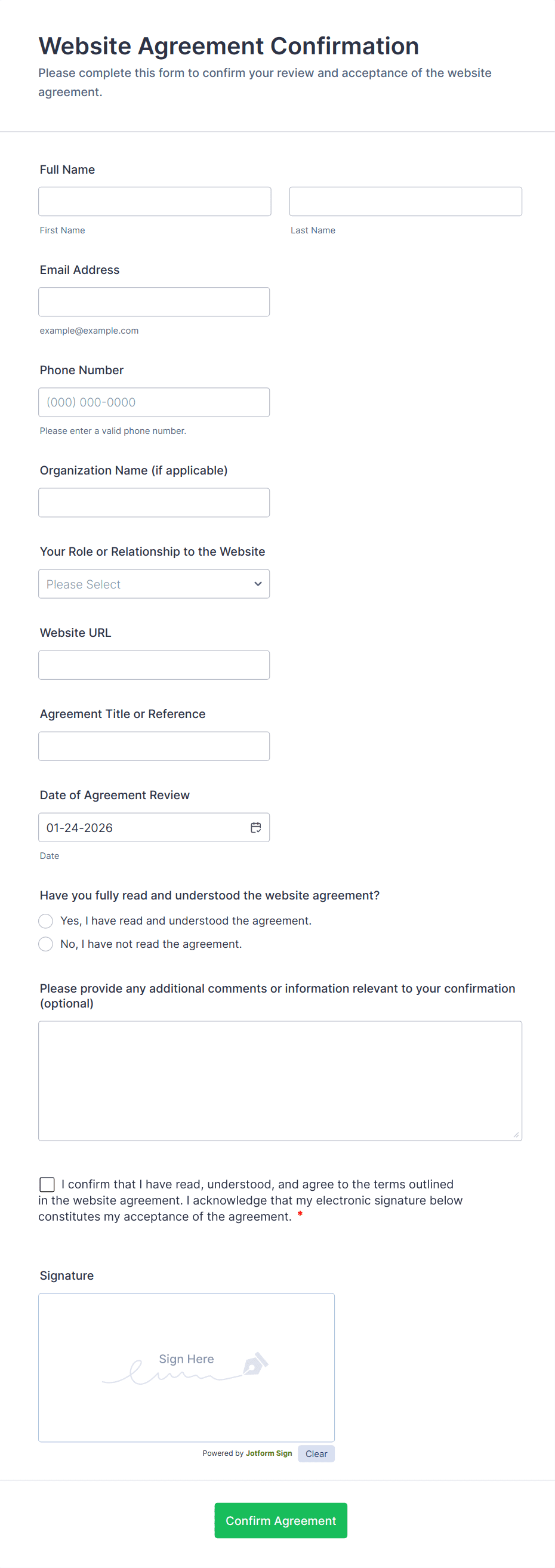 Website Agreement Confirmation Form Template | Jotform