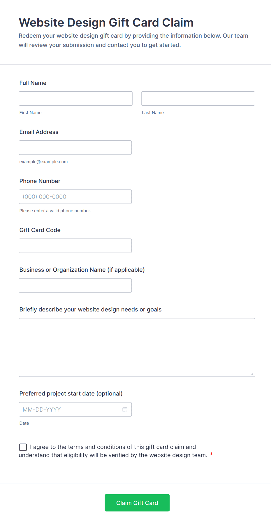 Website Design Gift Card Claim Form Template | Jotform