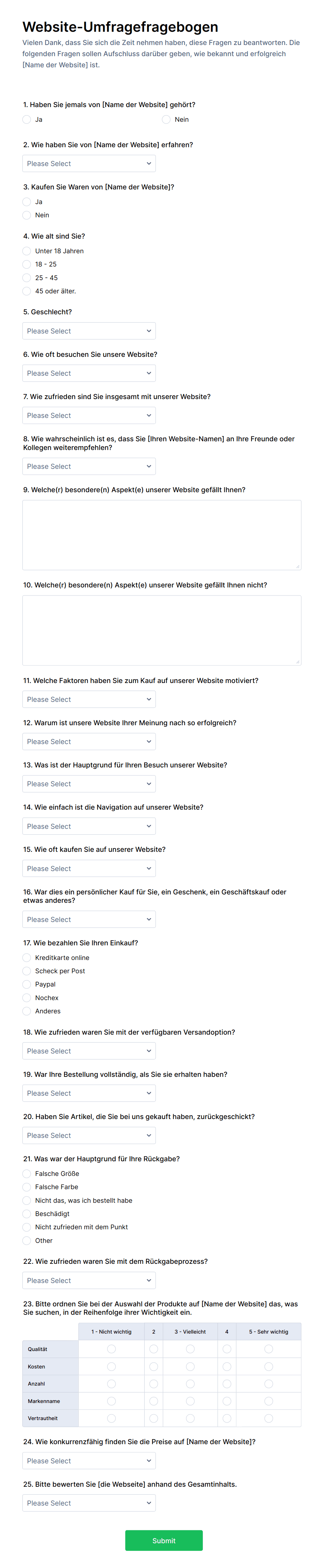 Website Fragebogen Formular Formularvorlage | Jotform