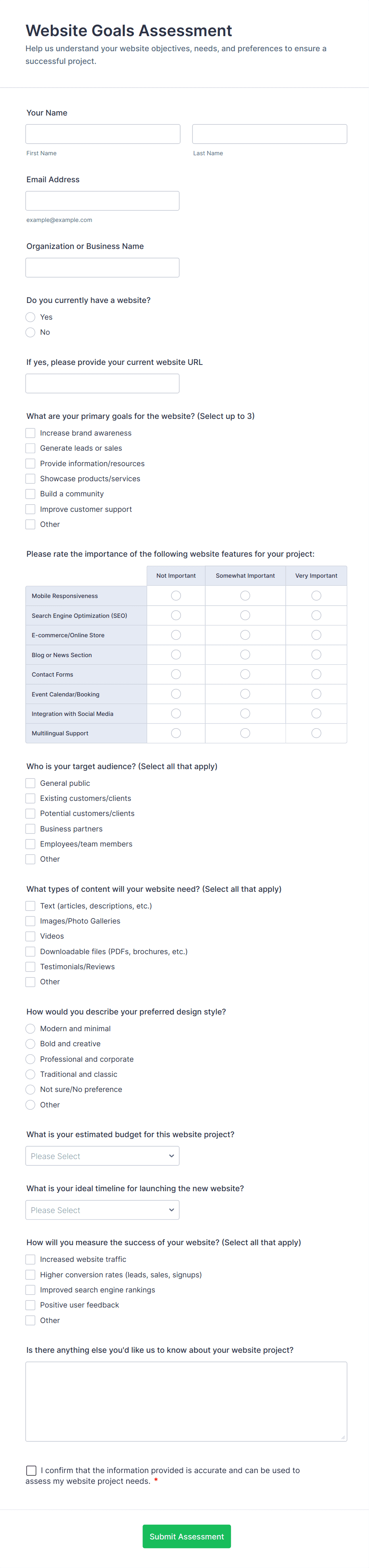Website Goals Assessment Form Template | Jotform
